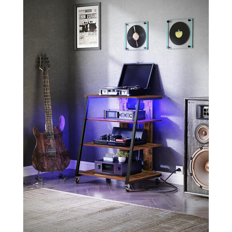 17 Stories 4-Tier AV Media Stand With Wheels, Stereo Stands, Media Console Shelf With Power ...